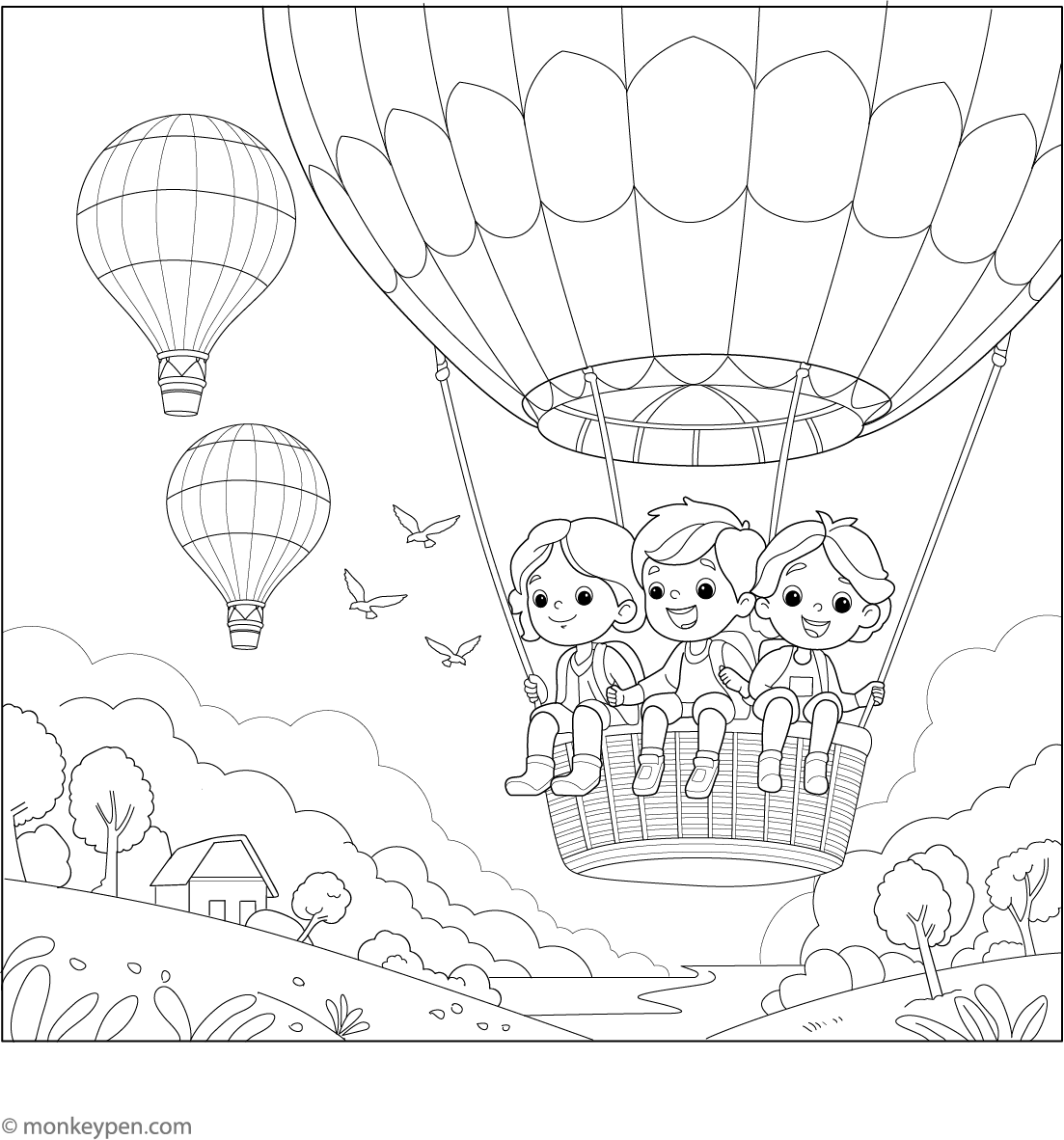 Kids In Hot Air Balloon Coloring Page
