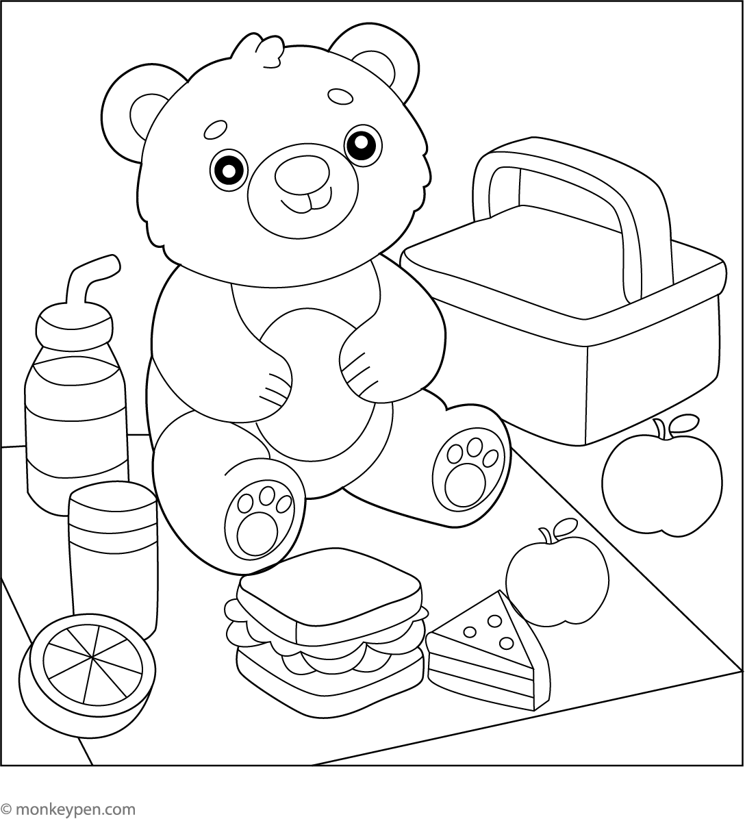 Free Printable Bear on Picnic Coloring Page for Kids Fun