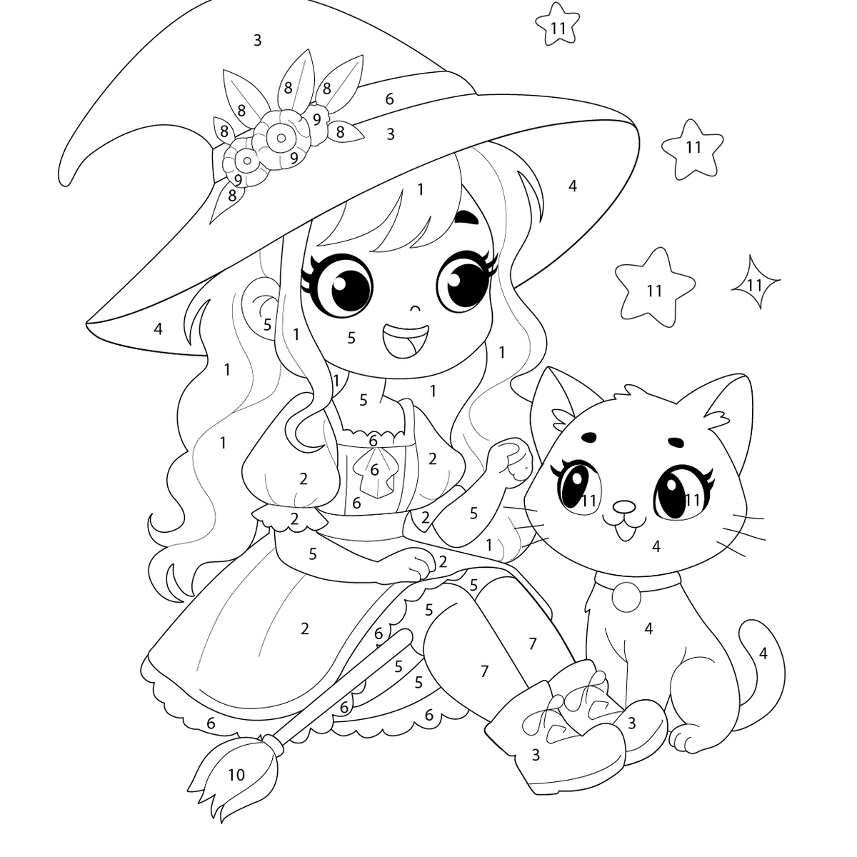 Girl Witch – Color by Number Halloween PDF for Kids