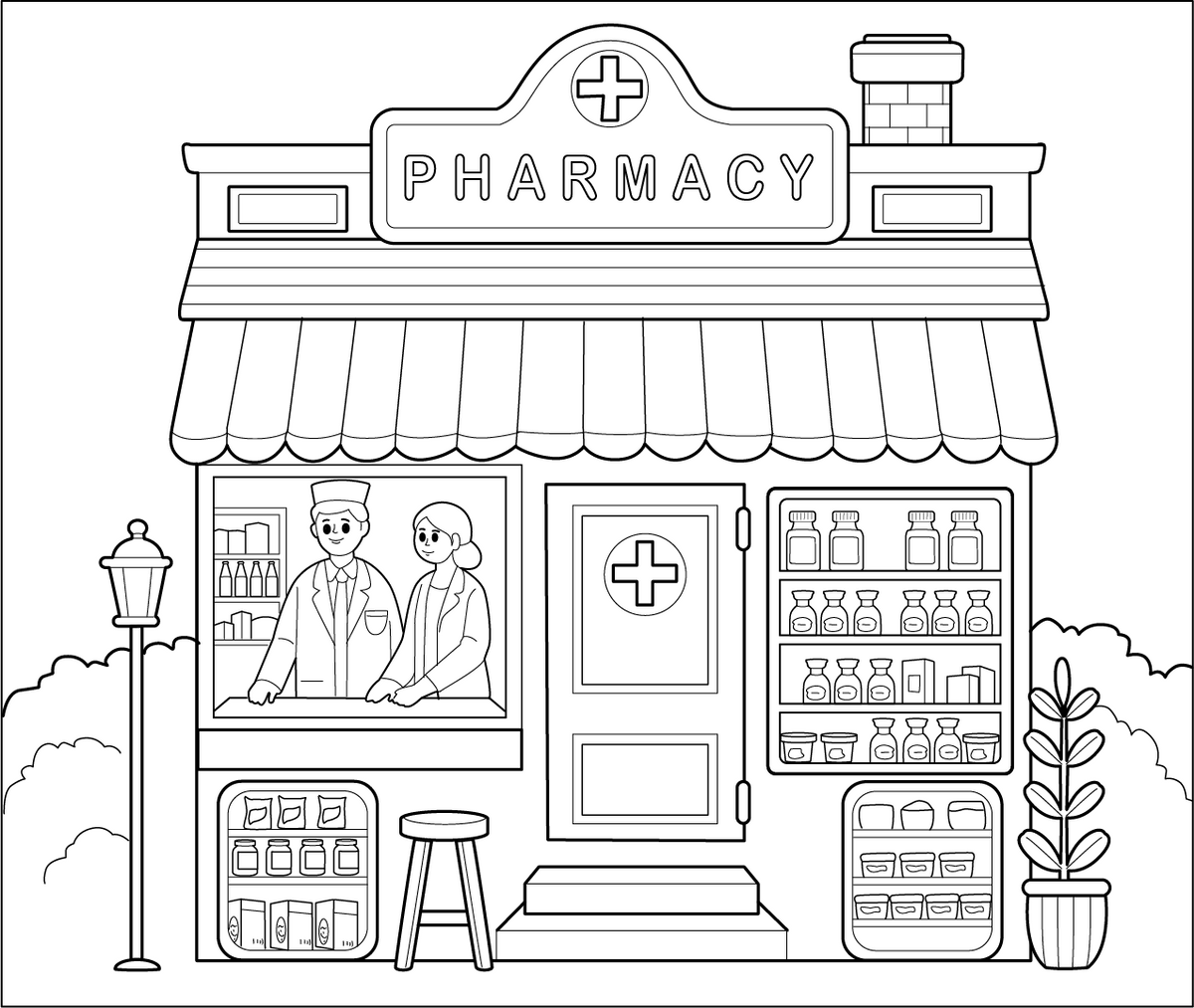 Pharmacy Colouring Page for Children | Free Colouring Book for Childre