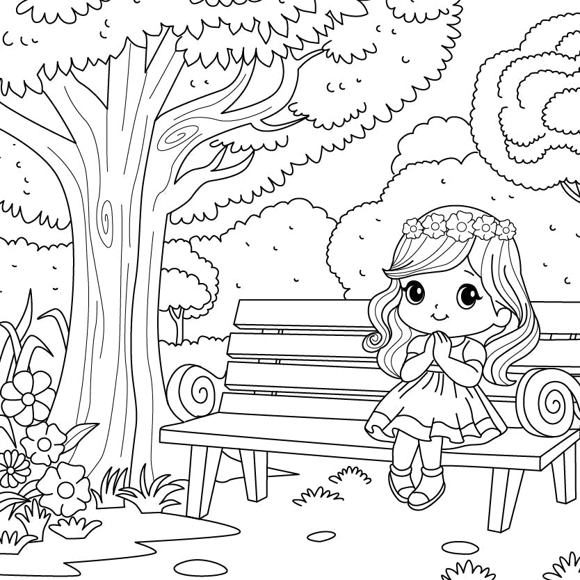 Girl on Park Bench Colouring Page | Free Colouring Book for Children ...