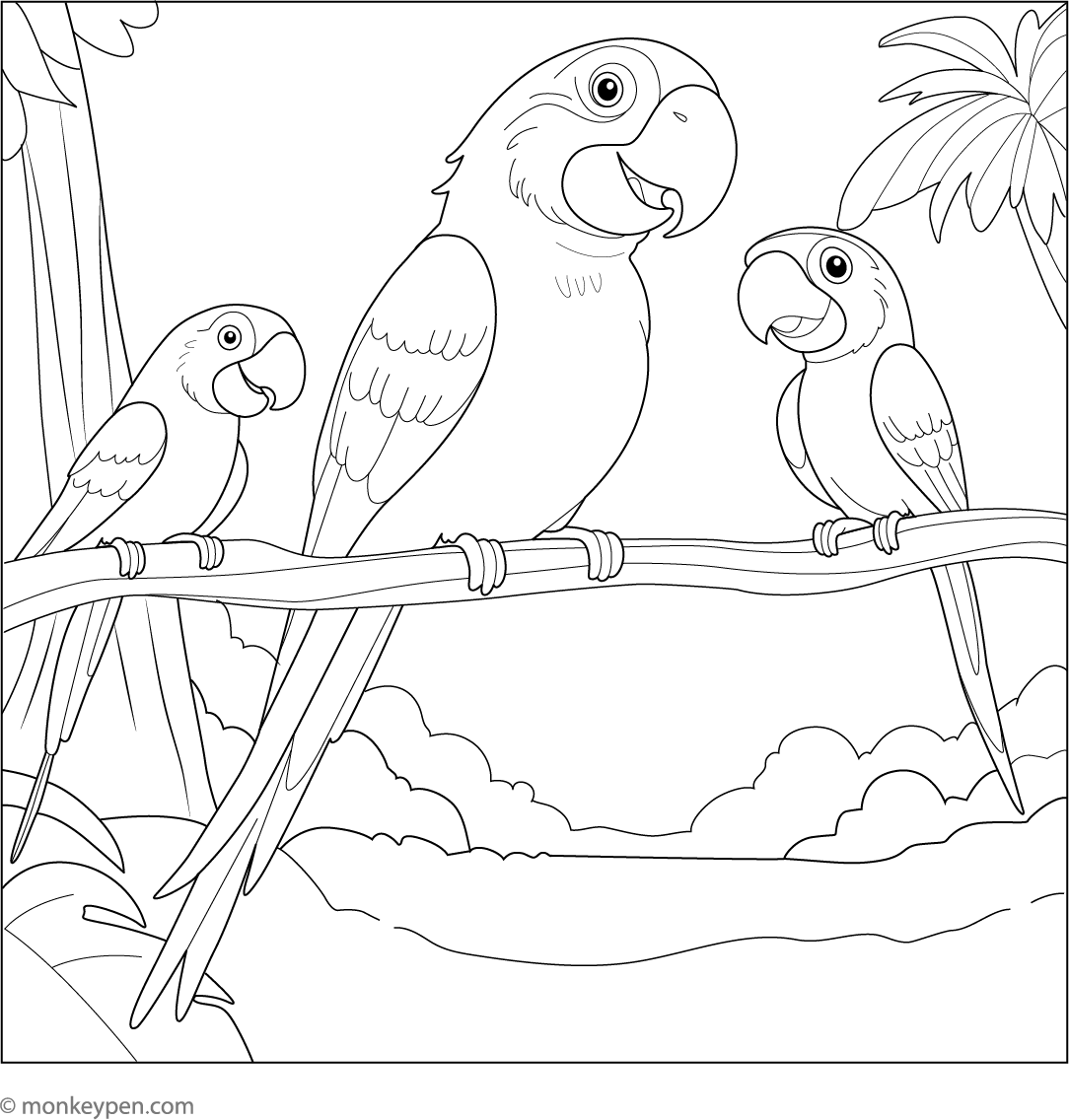 Macaw Family Coloring Page – Bright and Colorful Bird Printable for Kids