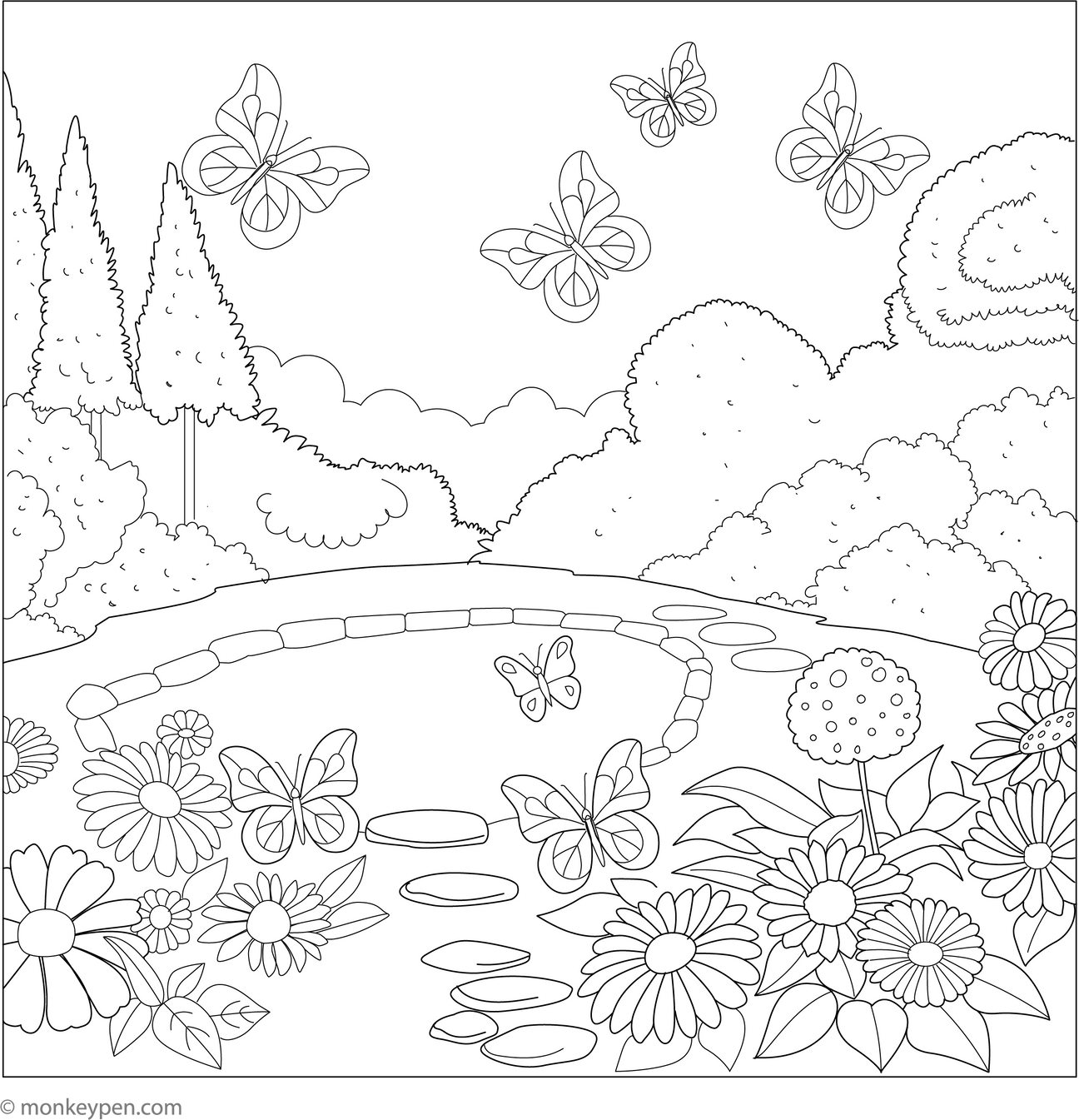 Garden Of Butterflies Coloring Page