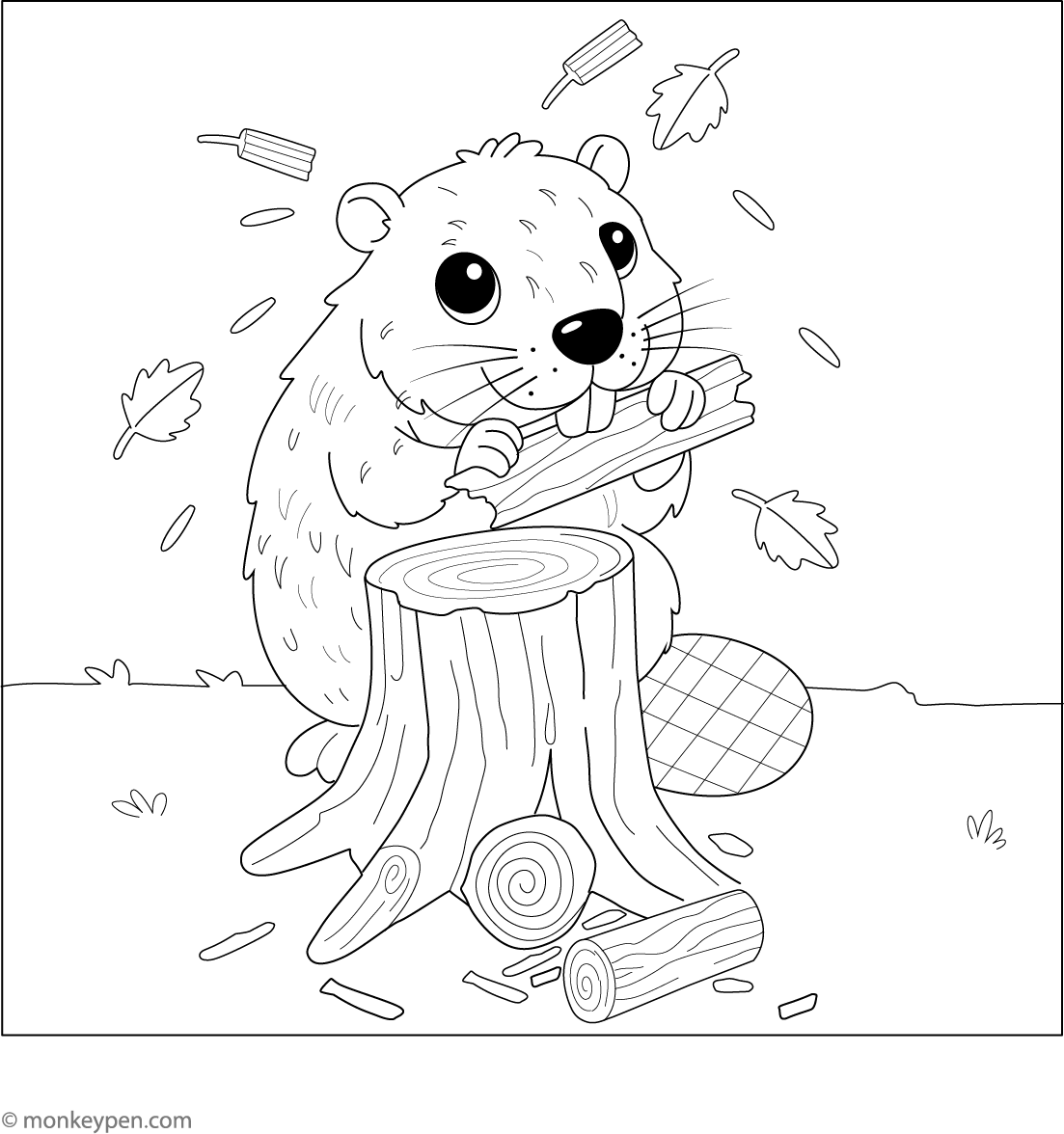 Beaver Gnawing On A Log Coloring Page