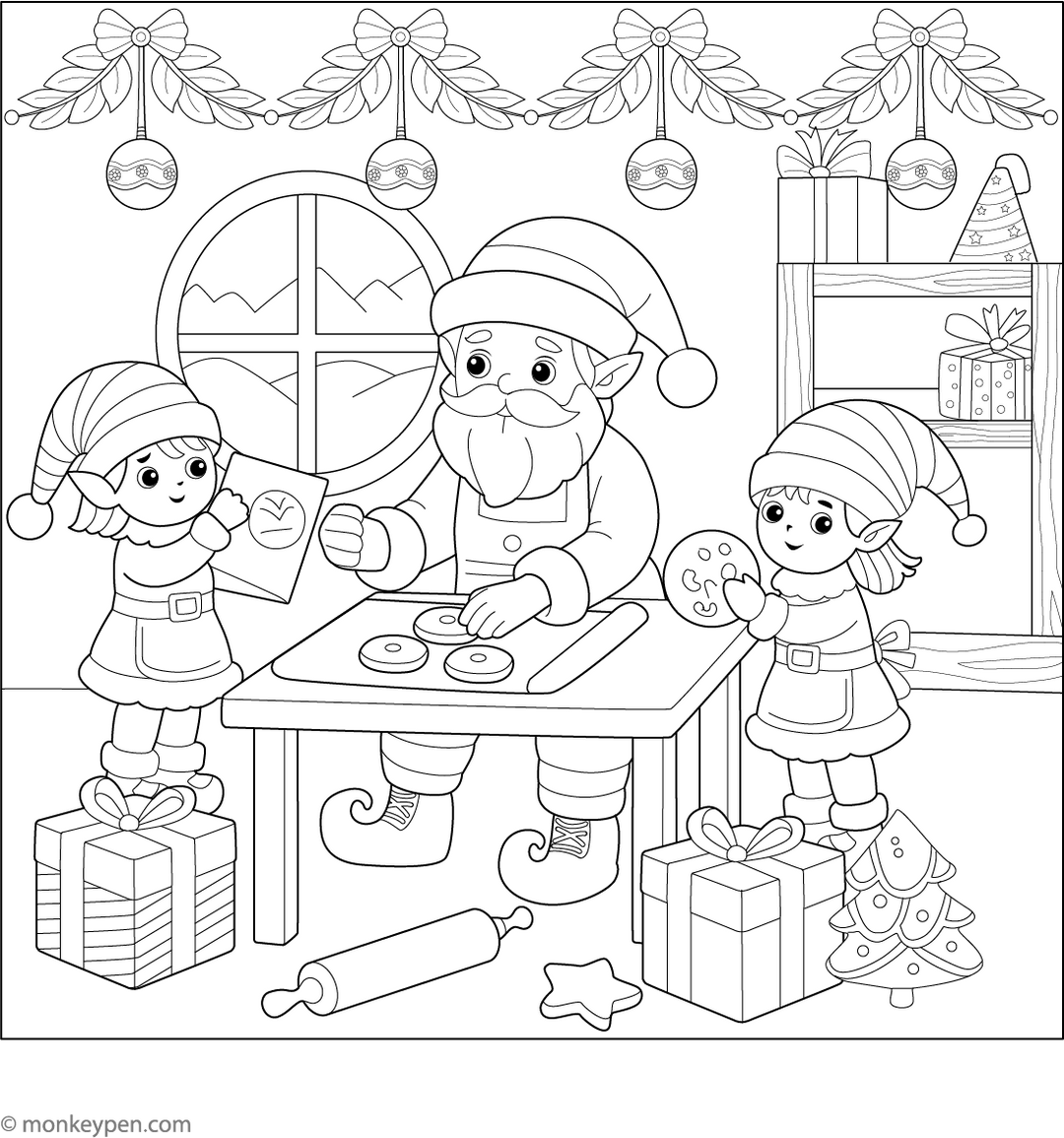 Christmas Elves Coloring Page