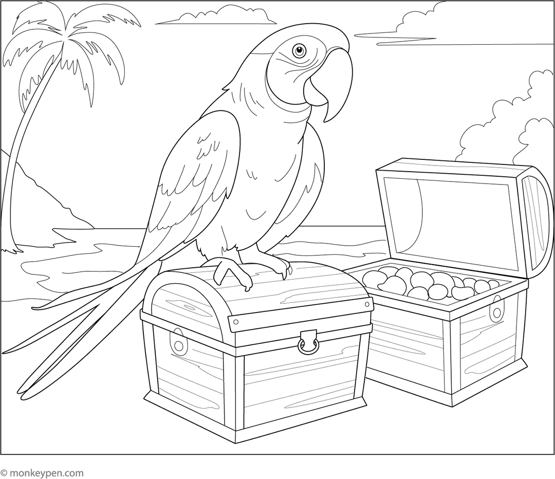 Macaw With Treasure Chest Coloring Page