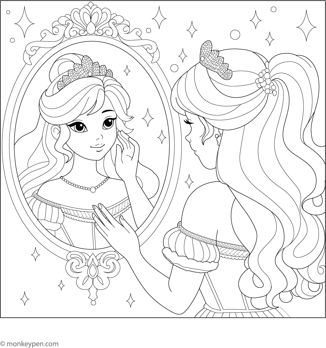 Princess With Magic Mirror Coloring Page