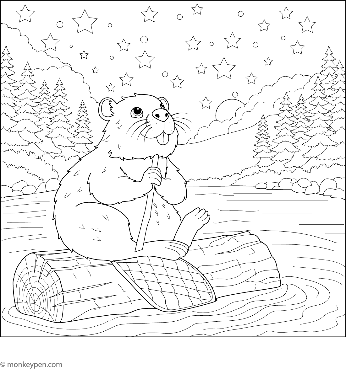 Beaver Under Stars Coloring Page – Free Printable for Kids