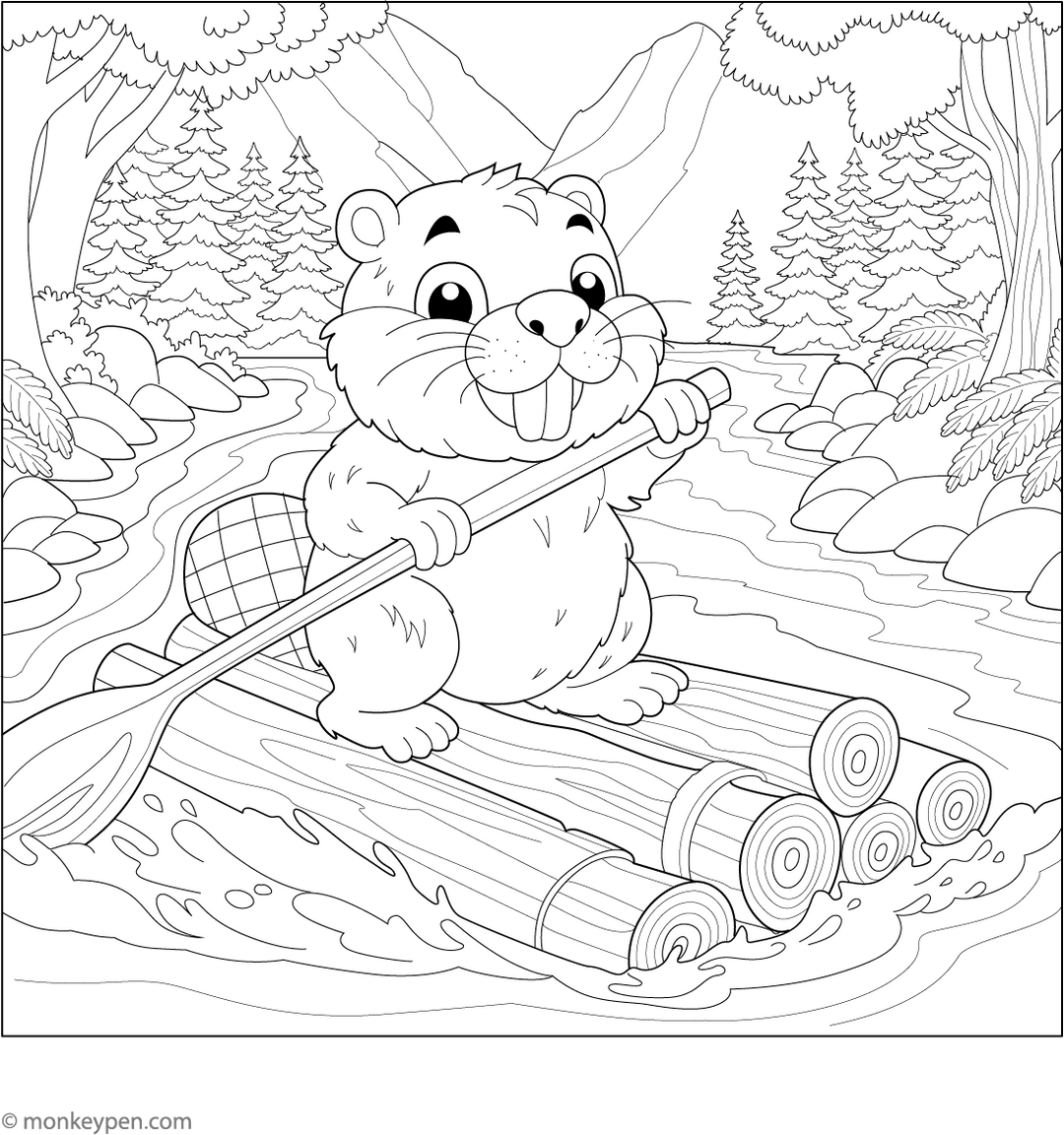 Beaver Riding A Log Raft Coloring Page