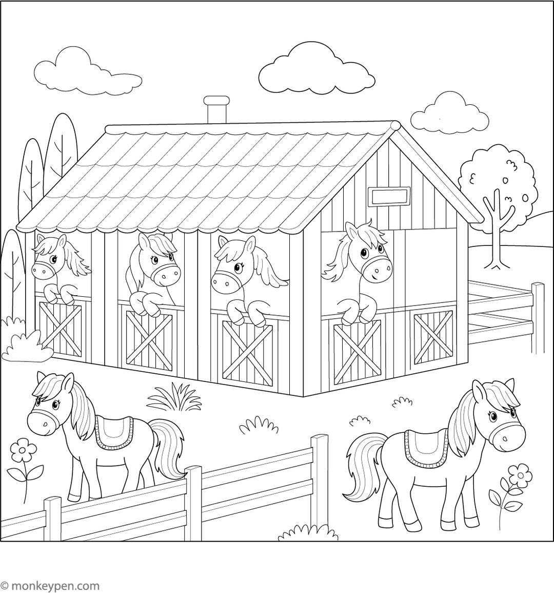 Horse Stable Coloring Page – Fun Farm Scene Printable for Kids