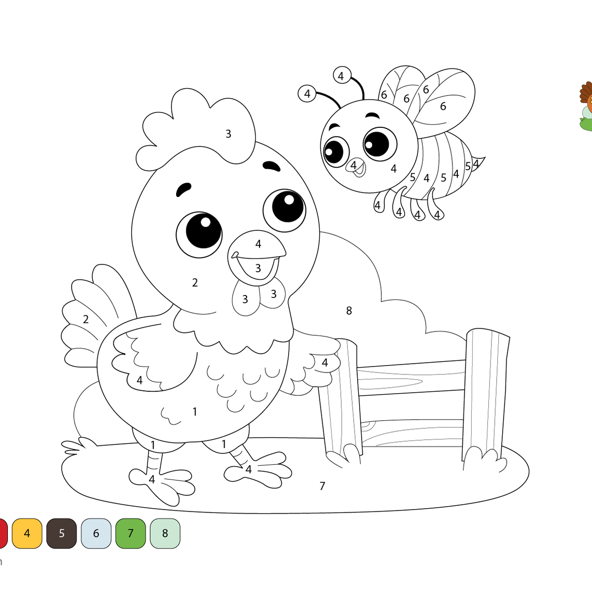 Chicken and Bee Color by Number – Coloring Pages For Kids