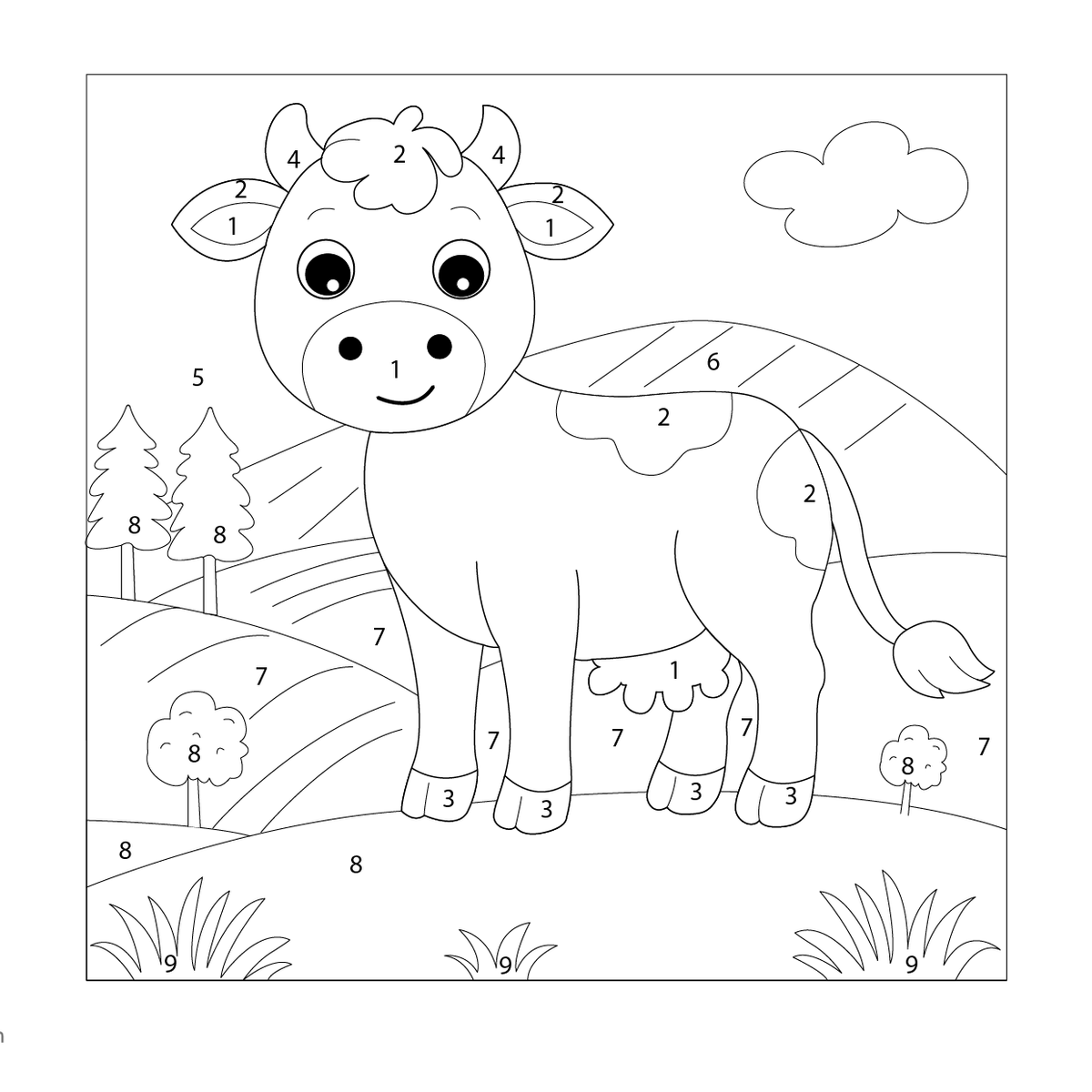 Cow in the Hills Color by Number – Kids Colouring Pages