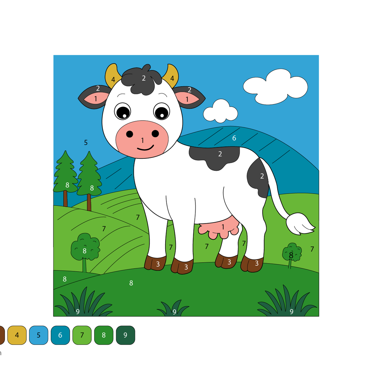 Cow in the Hills Color by Number – Kids Colouring Pages