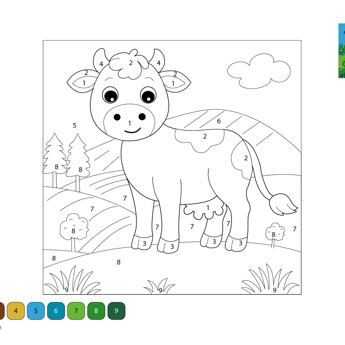 Cow in the Hills Color by Number – Kids Colouring Pages