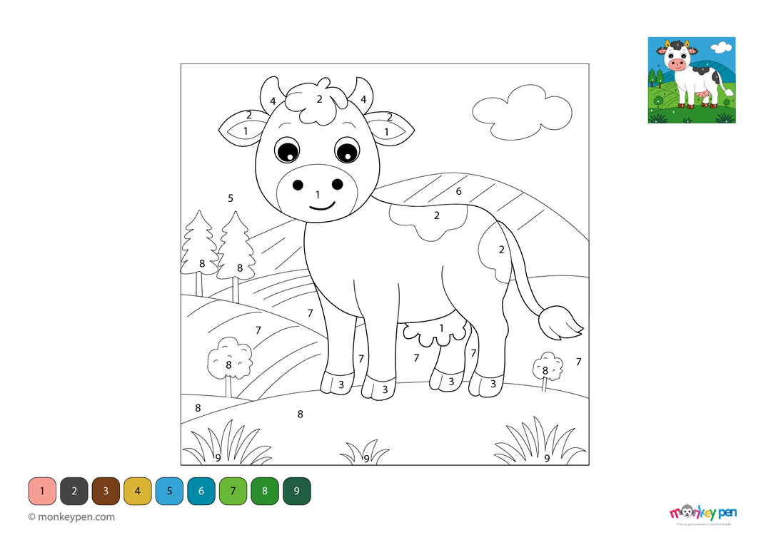 Cow in the Hills Color by Number – Kids Colouring Pages