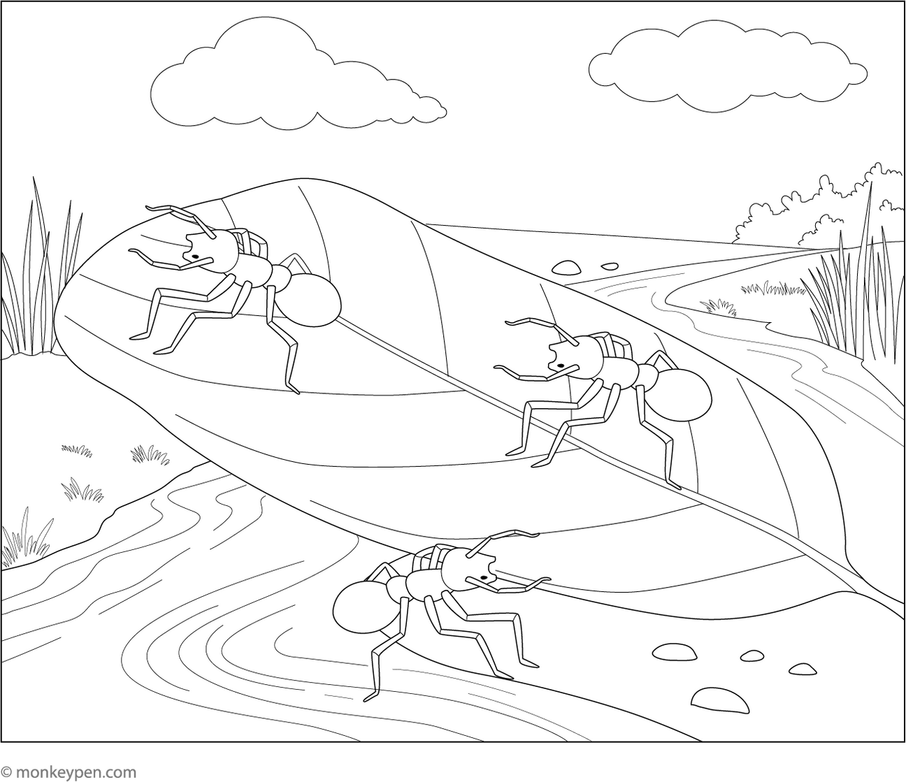 Ants Crossing Leaf Bridge Coloring Page