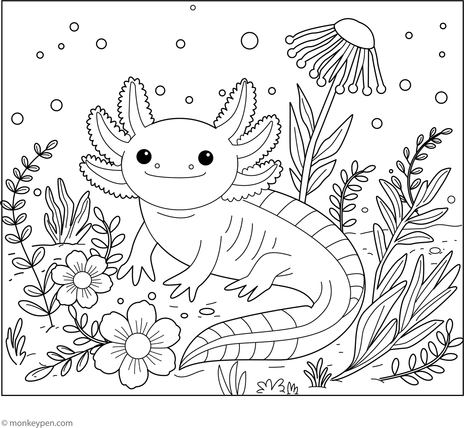 Axolotl Surrounded By Sea Flowers Coloring Page