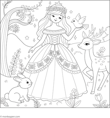 Princess And Animal Friends Coloring Page