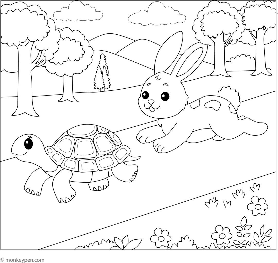 Rabbit And Tortoise Race Coloring Page