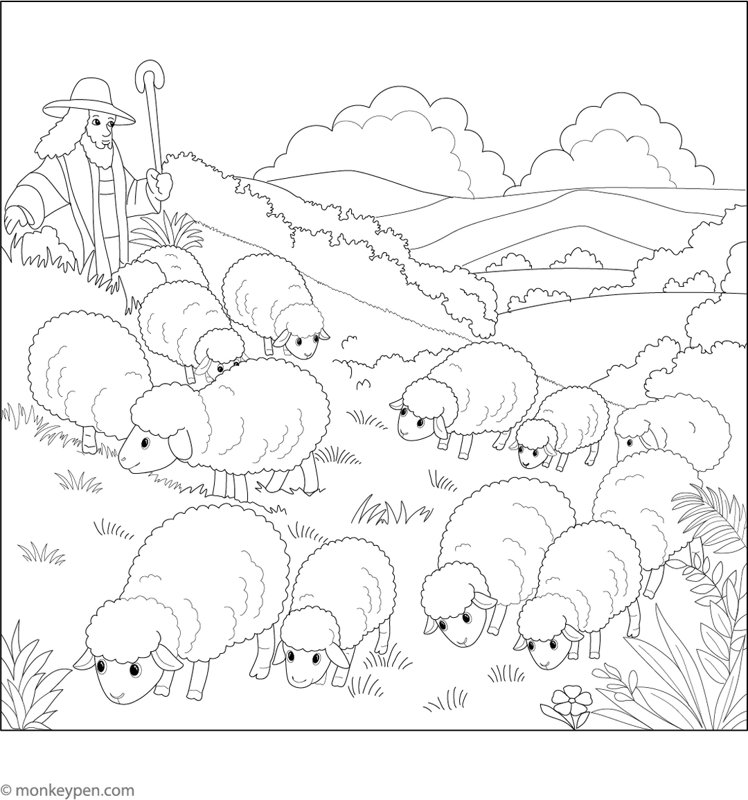 Free Printable Sheep Grazing Coloring Page for Kids Fun