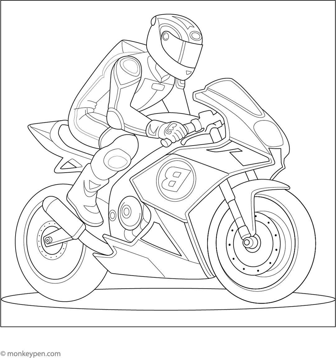 Free Printable Racer Motorbike Coloring Page for Kids Fun