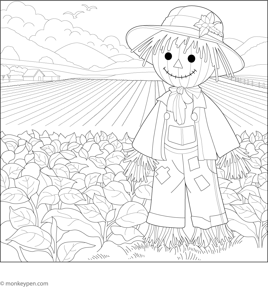 Free Scarecrow Coloring Page – Printable PDF for Kids