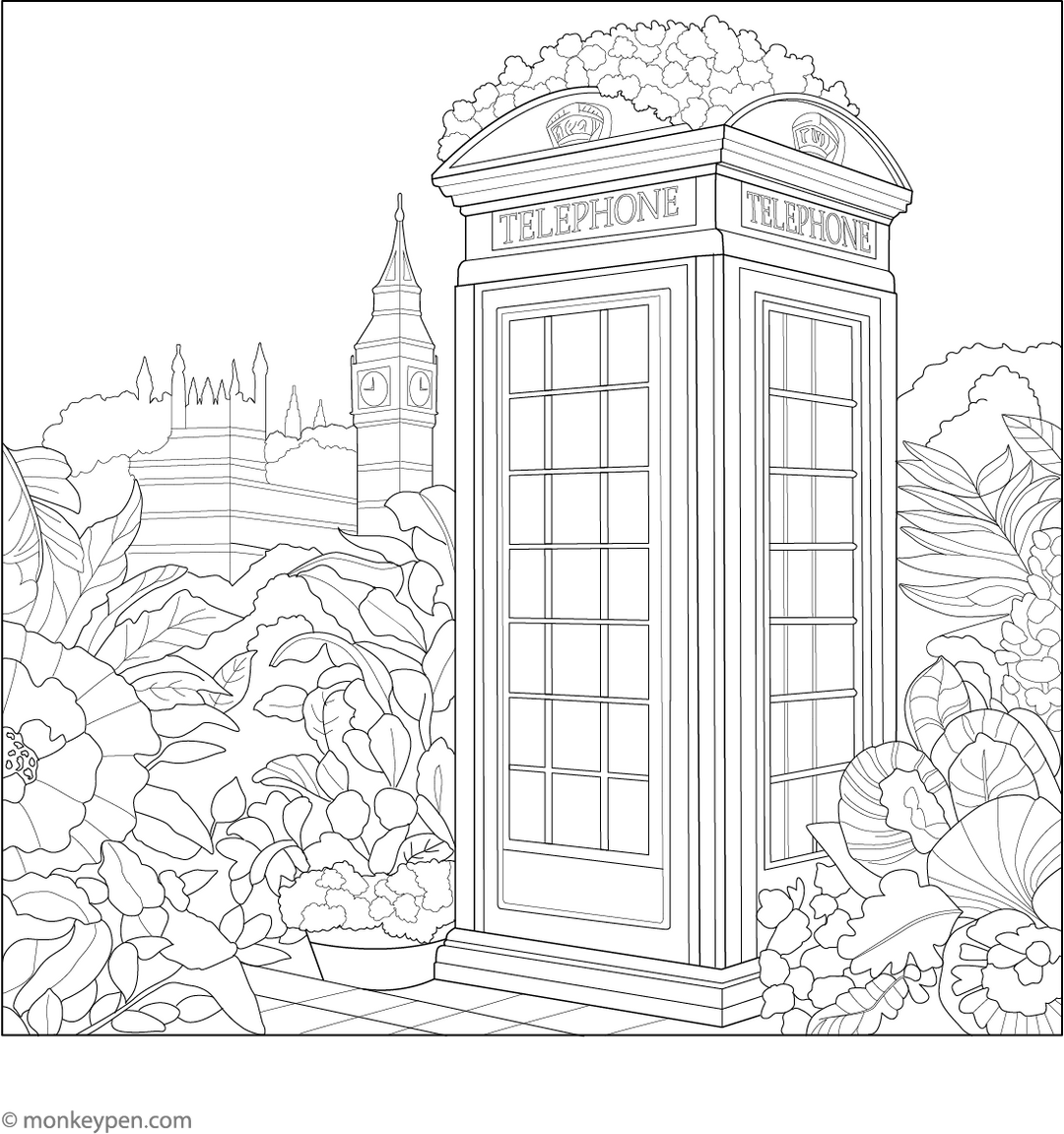 Free Printable Telephone Booth Coloring Page for Kids