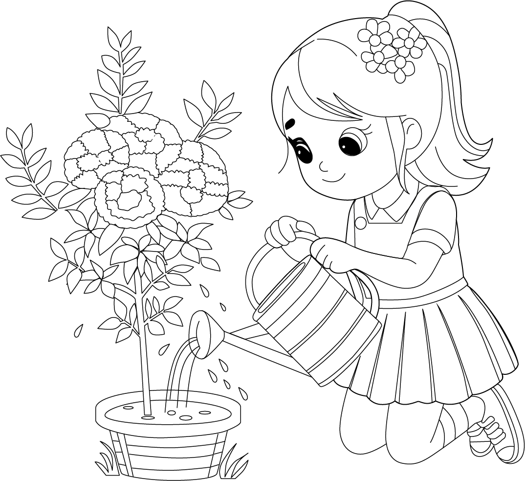 Girl Watering Flower Plant Coloring Page