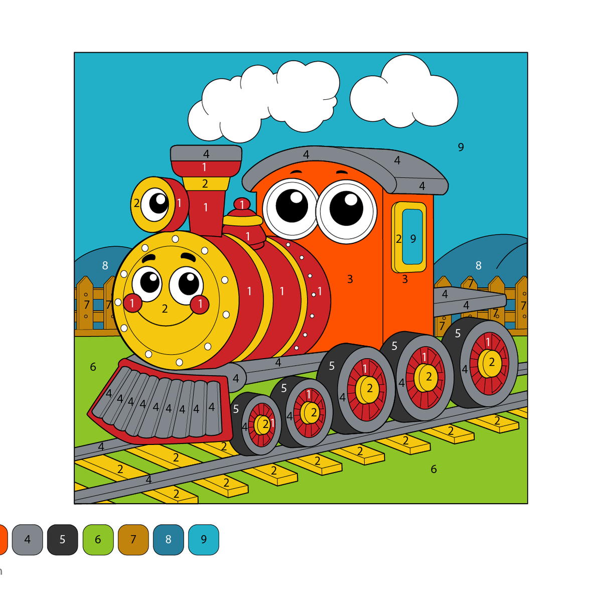 Train Color by Number – Free Coloring Pages for Children