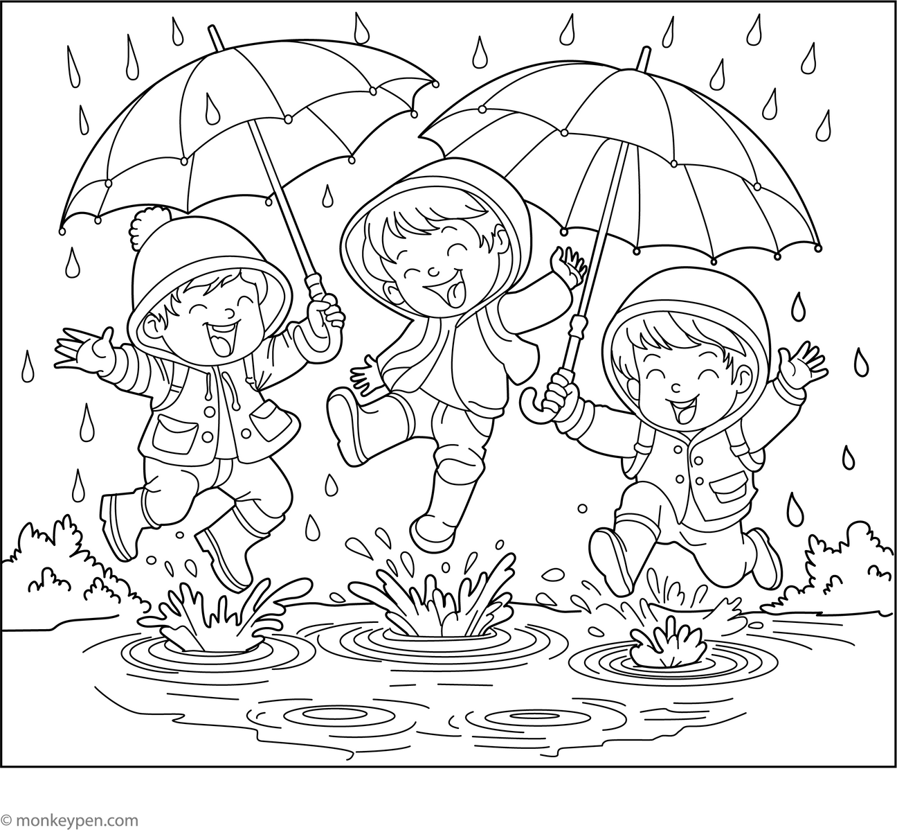 Kids Playing In Rain Coloring Page | Free Coloring Pages for Toddlers