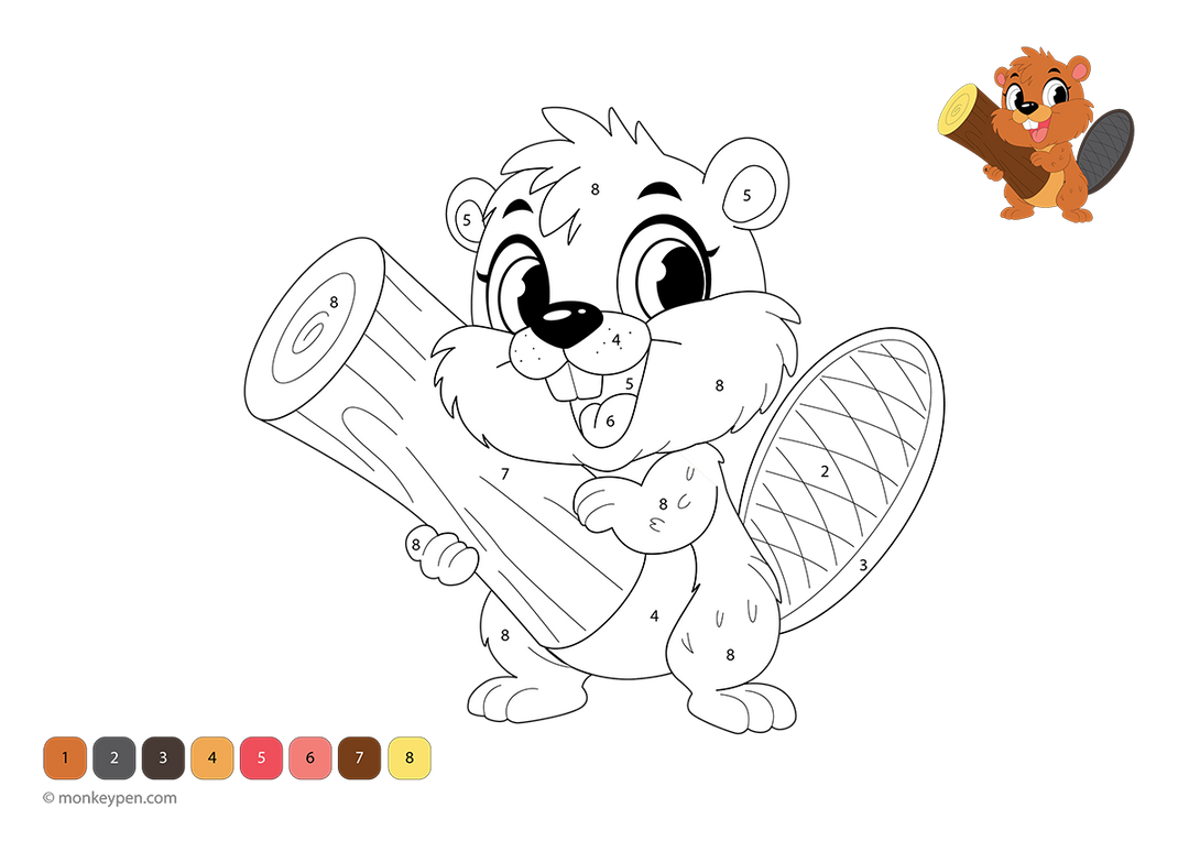 Beaver – Color by Number Free Worksheet for Kids