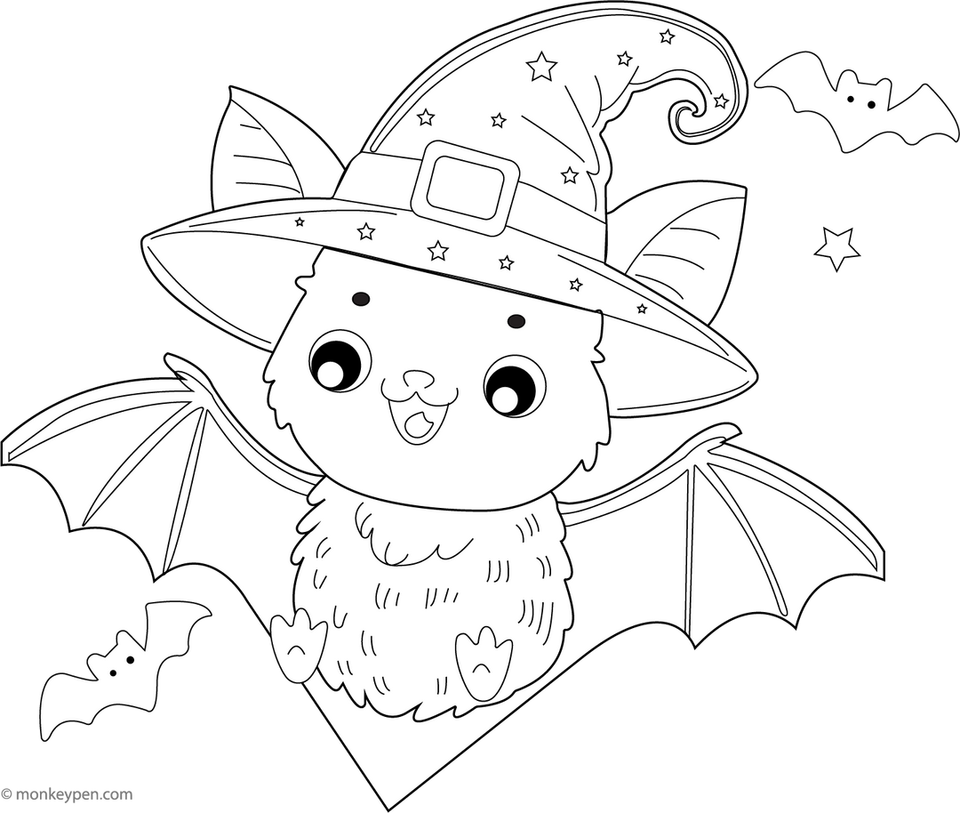 Bat In Witch Hat Coloring Page