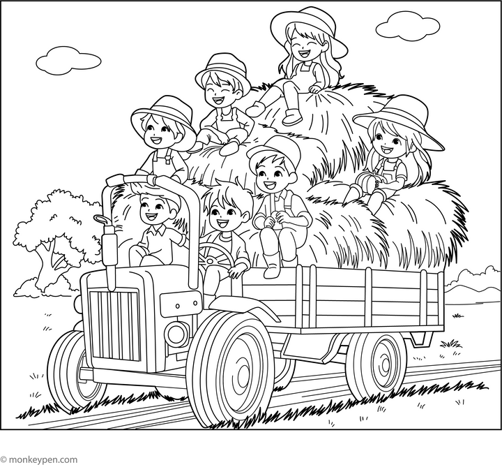 Hayride Coloring Page – Fun Farm Activity Printable for Kids