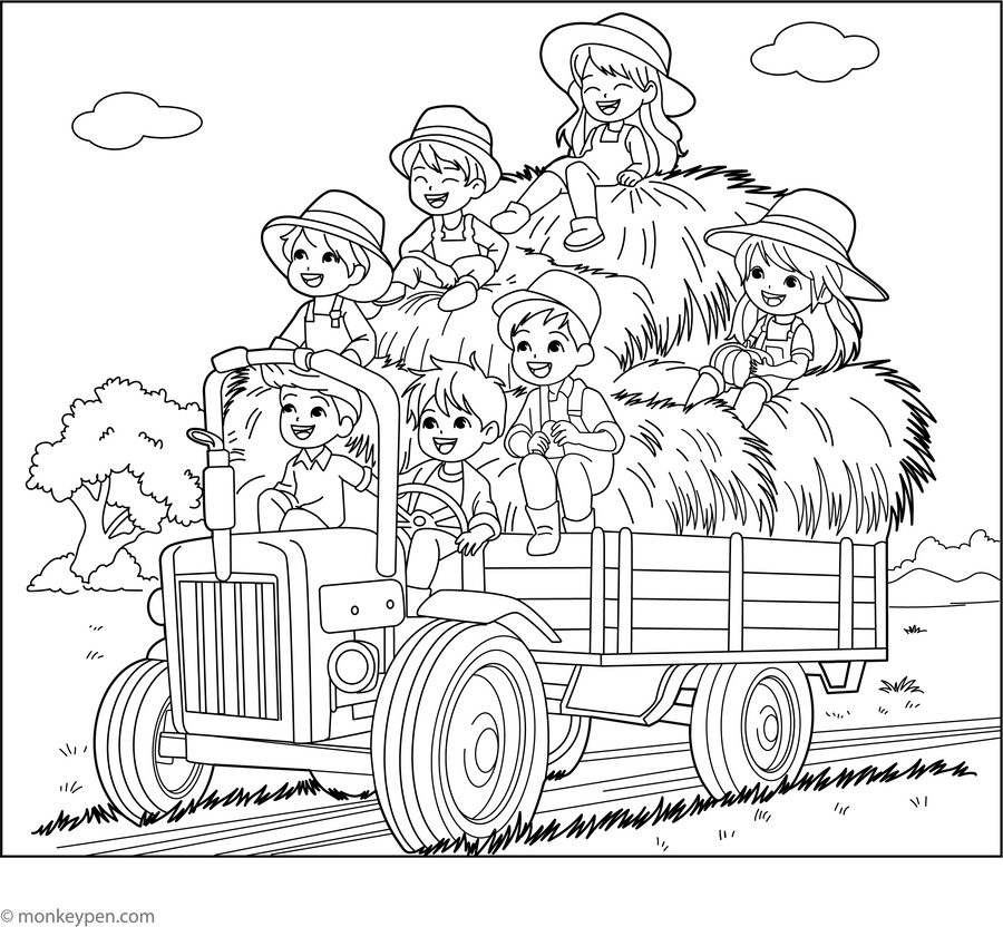 Hayride Coloring Page – Fun Farm Activity Printable for Kids