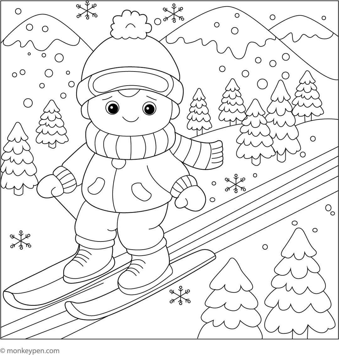 Skiing Coloring Page – Fun Winter Sports Activity for Kids