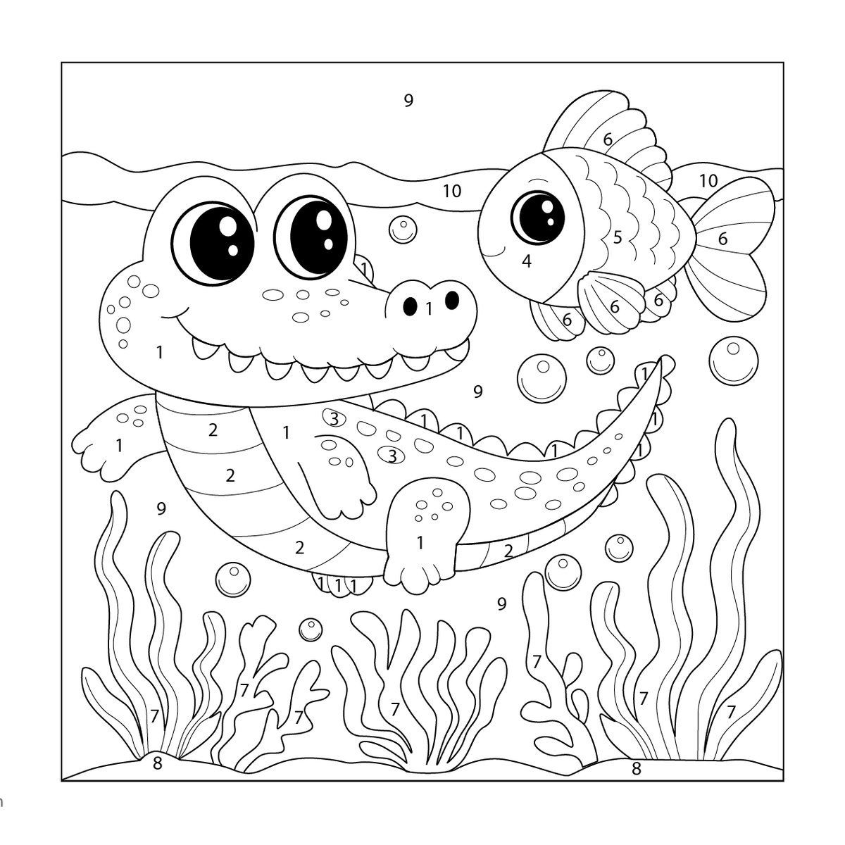 Crocodile & Fish – Printable Color by Number for Kids