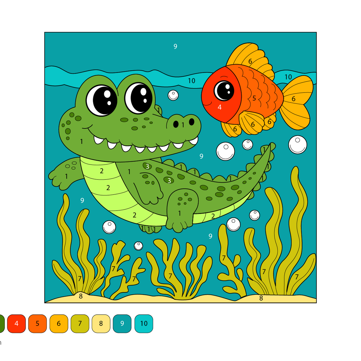 Crocodile & Fish – Printable Color by Number for Kids