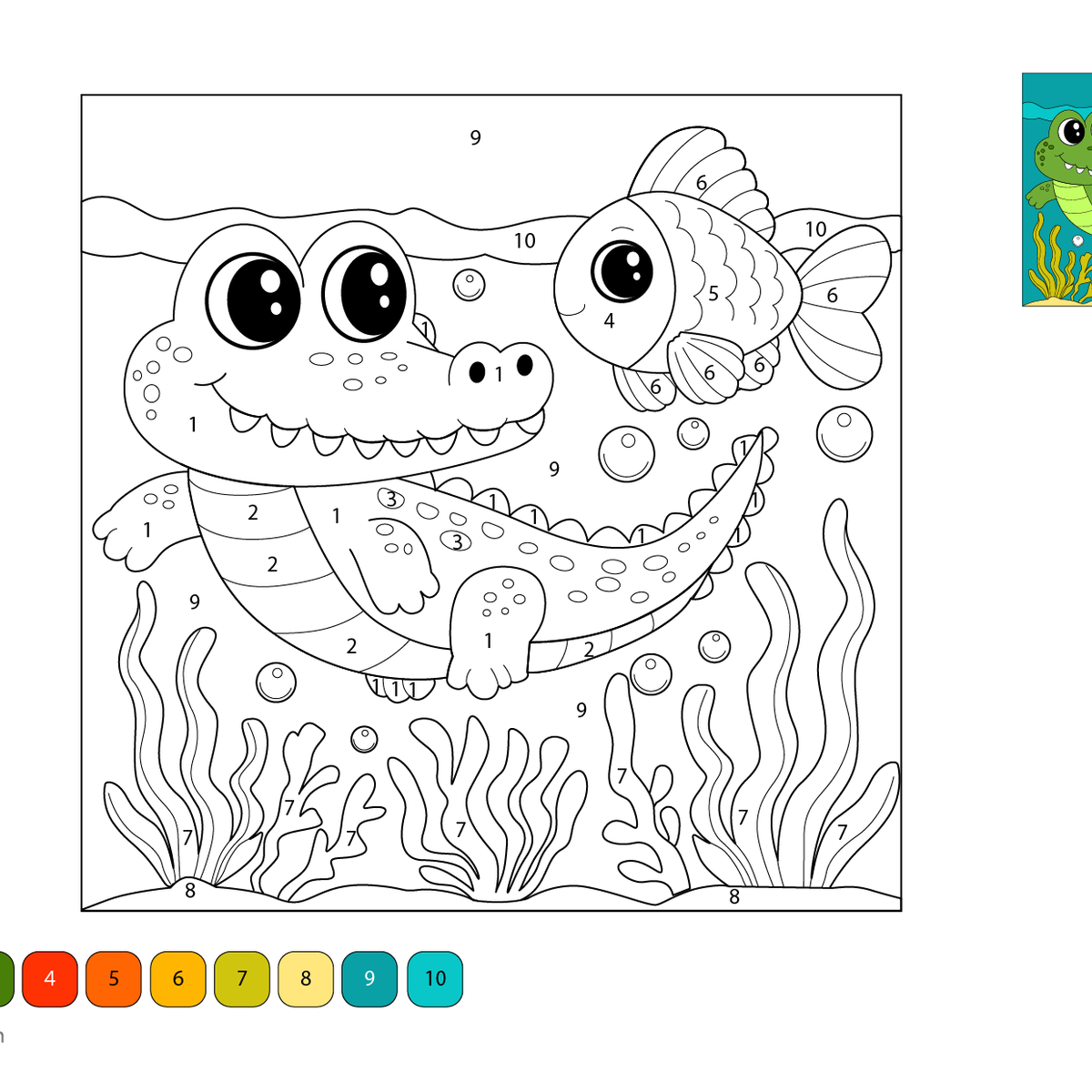 Crocodile & Fish – Printable Color by Number for Kids