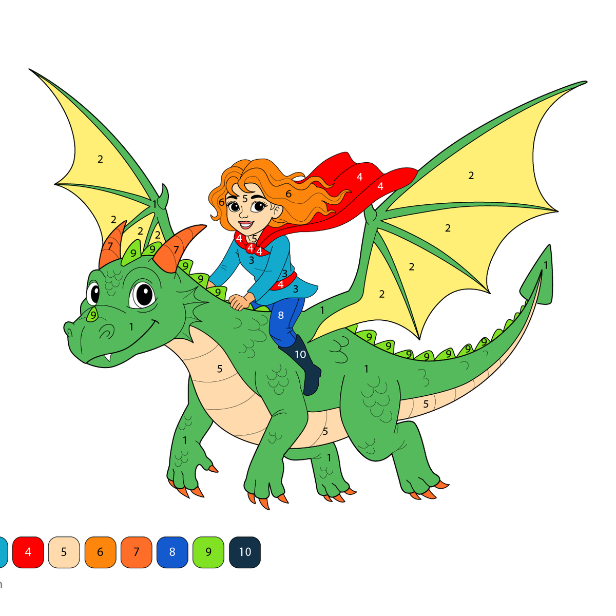 Girl Riding Dragon Color by Number – Free Printable for Kids
