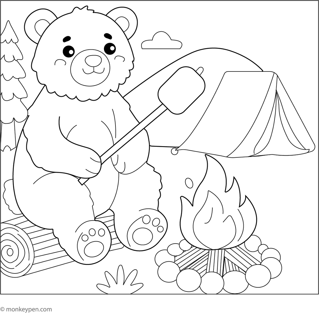 Bear At A Campfire Coloring Page