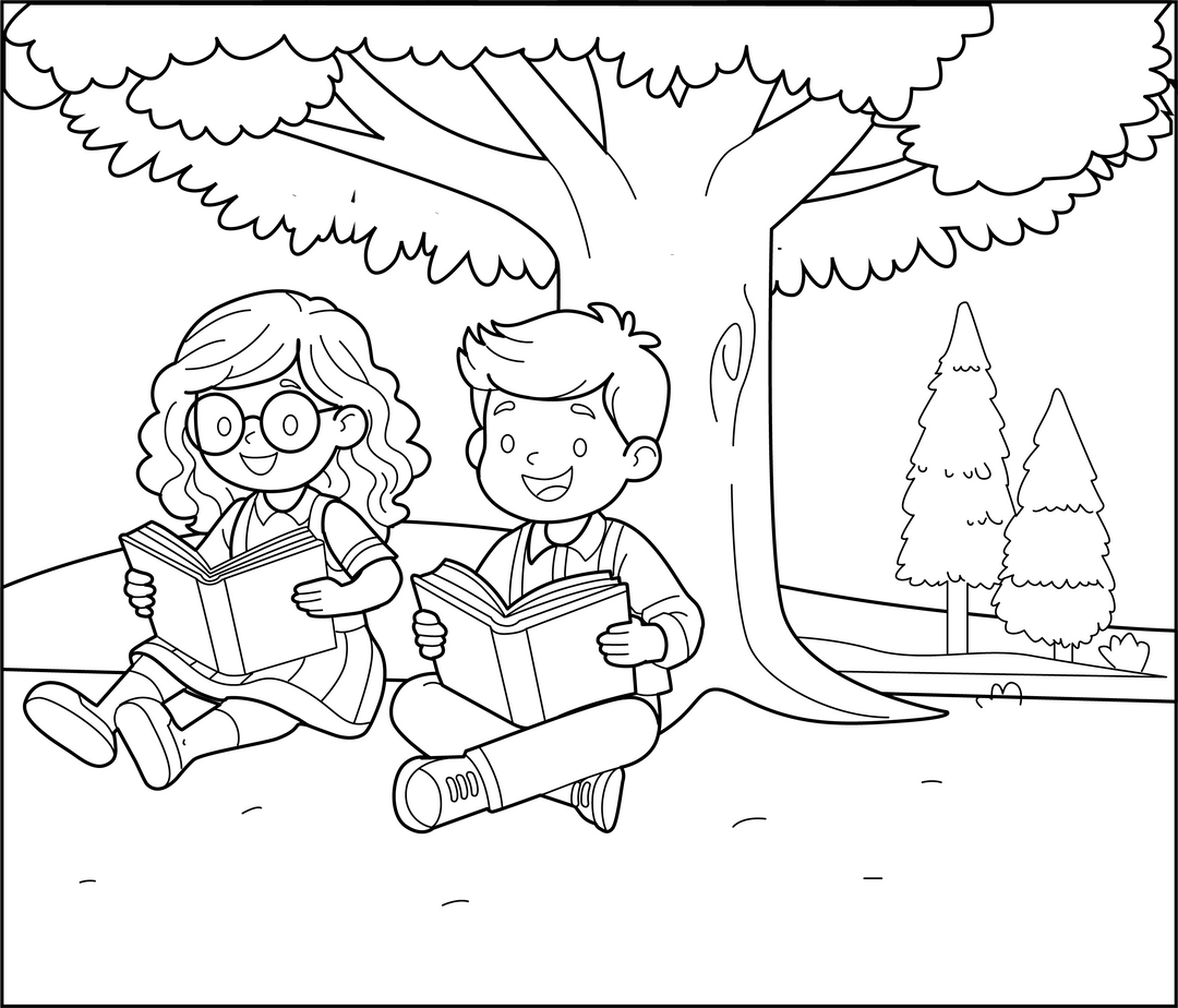 Kids Reading And Learning Coloring Page