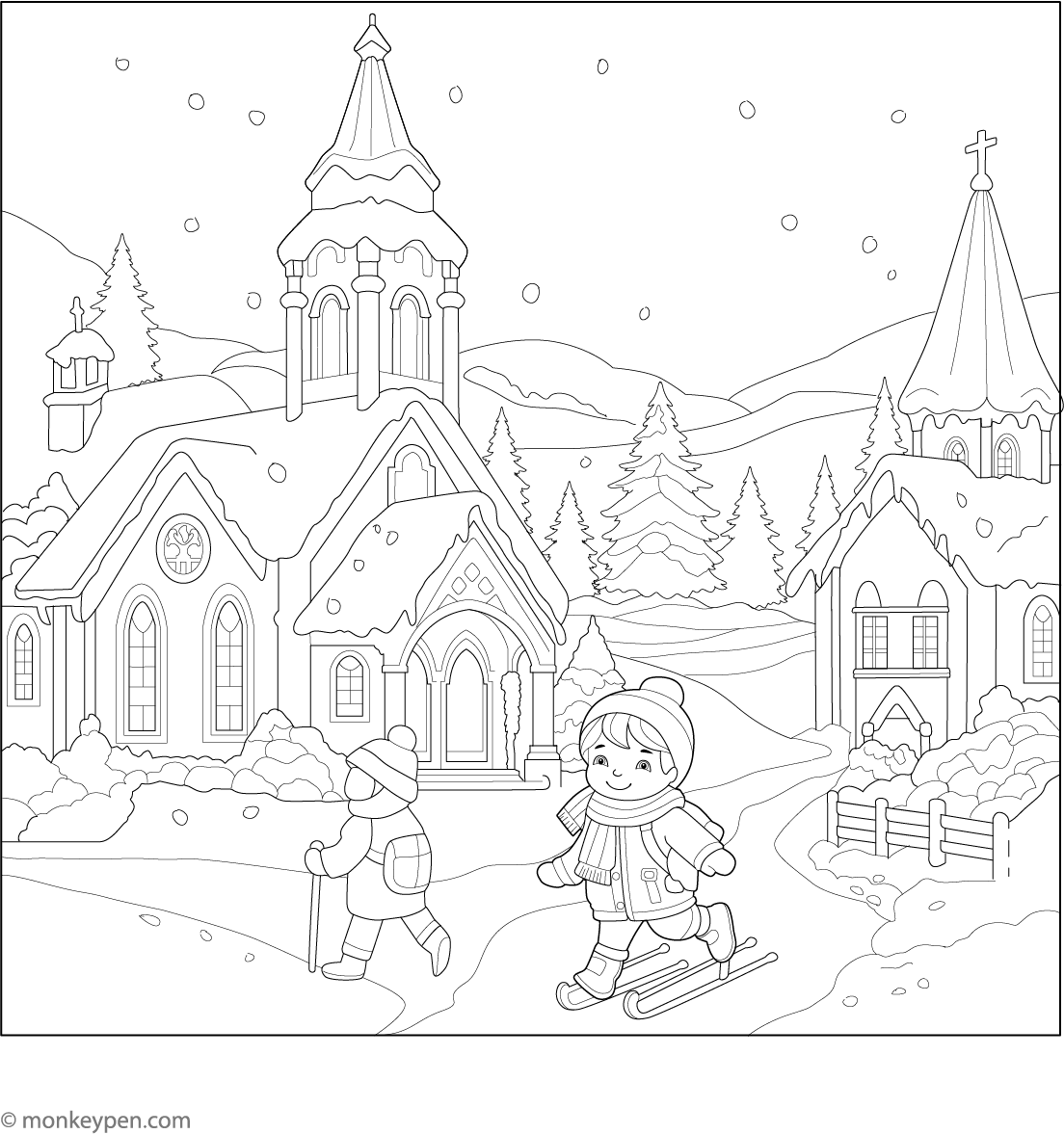 Free Printable Snowy Village Coloring Page for Kids