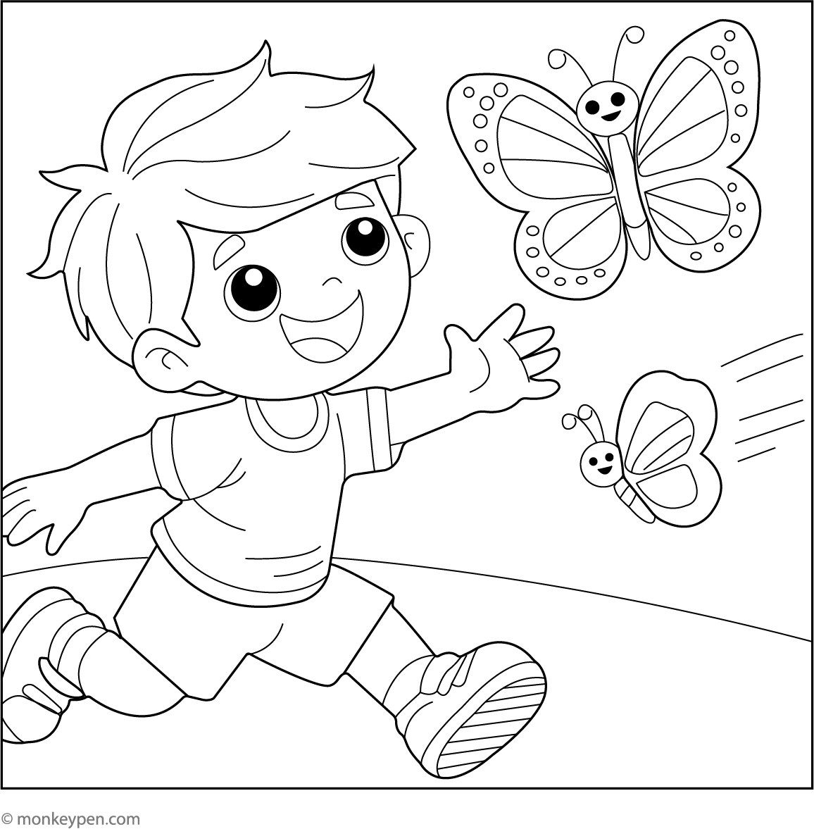 Boy Chasing The Butterfly Coloring Page