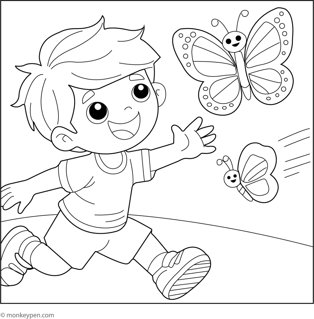 Boy Chasing The Butterfly Coloring Page