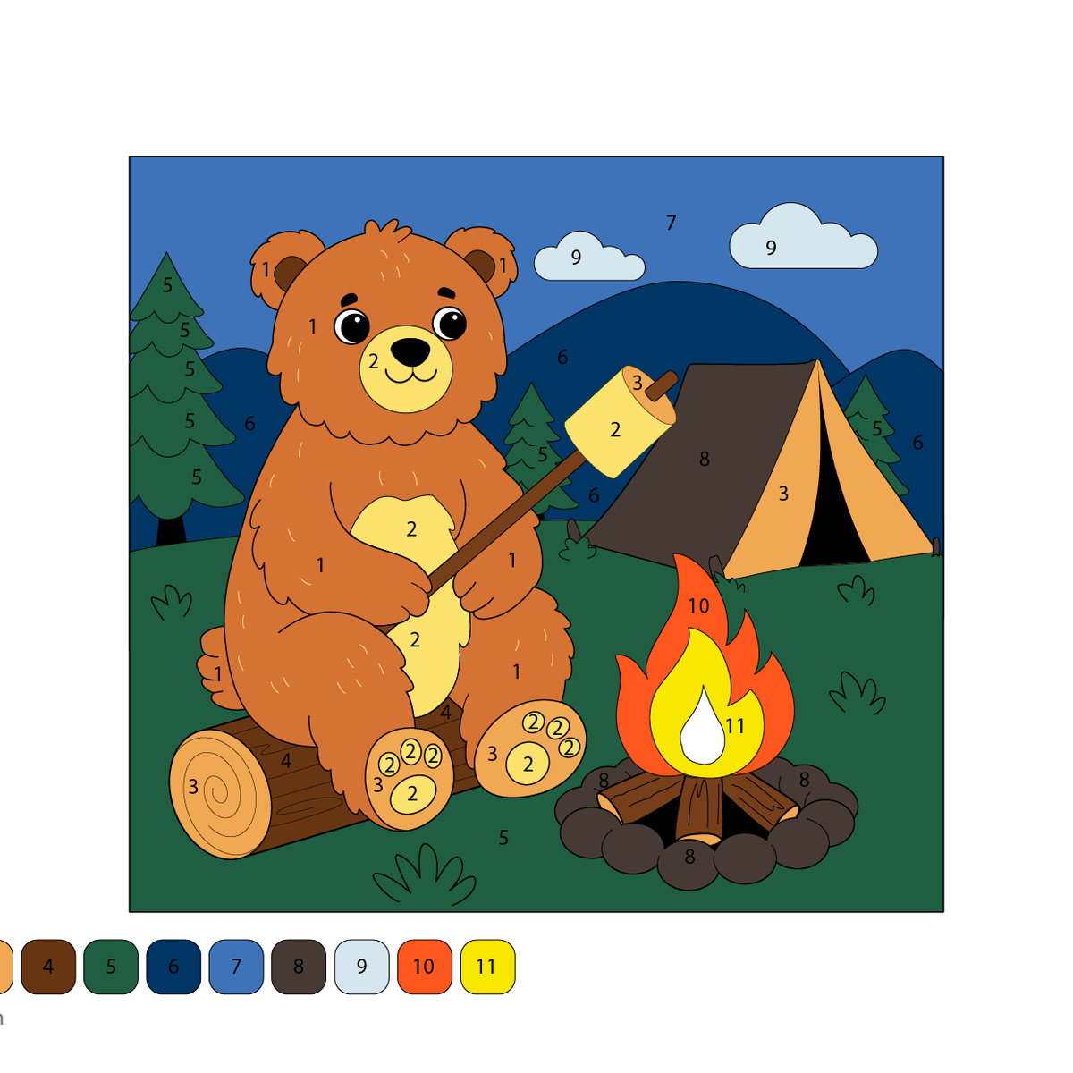 Bear at a Campfire – Color by Number Outdoor PDF