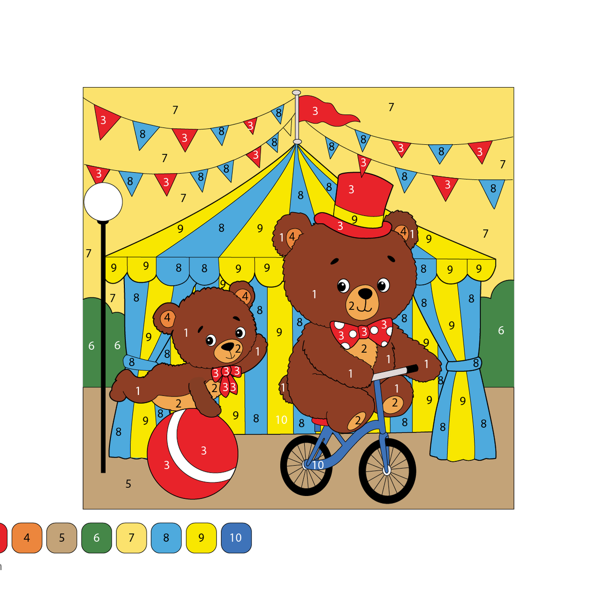 Circus Bear Color by Number | Preschool PDF Coloring Page