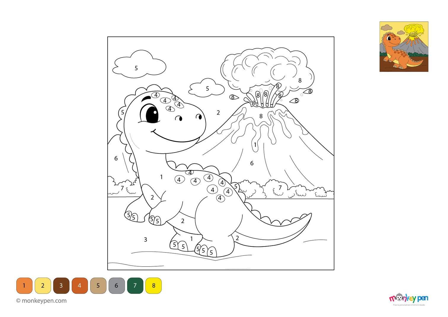 Dinosaur and Volcano Color by Number – Free Printable