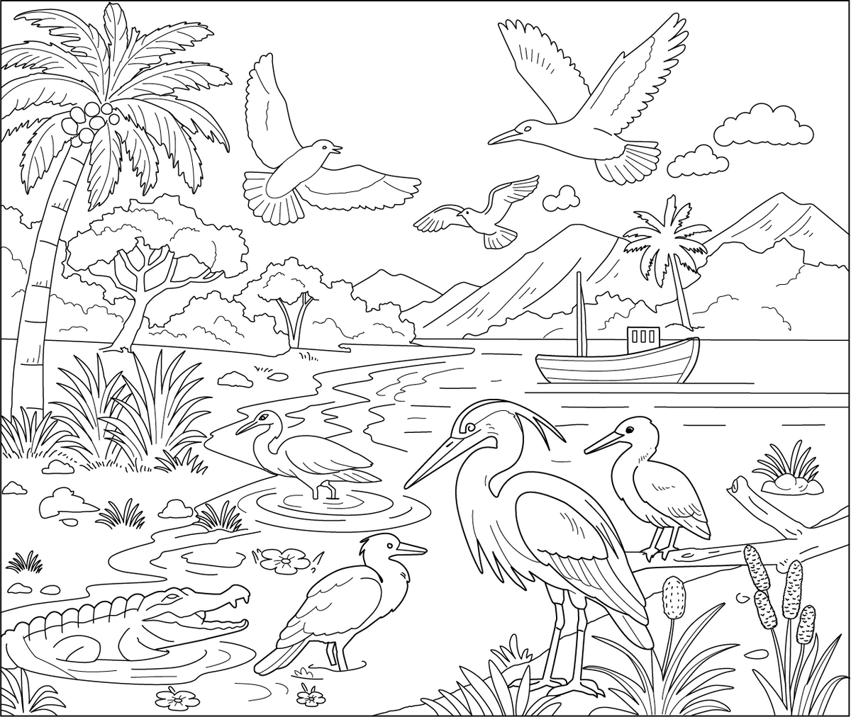 Birds And Their Natural Habitat Coloring Page