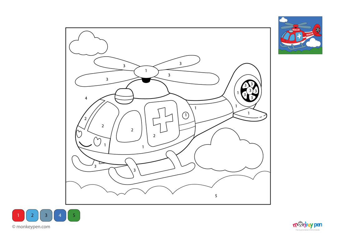 Rescue Helicopter Color by Number – Free Printable Page