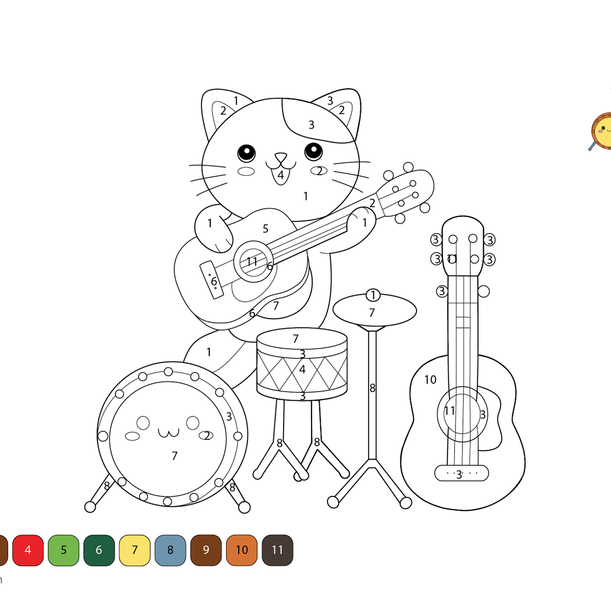Cat Playing Music | Color by Number Printable for Toddlers